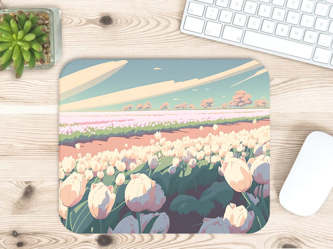 Pastel Tulip Field Mouse Pad, Kawaii Cute Flower Mouse Pad, Pink Purple ...