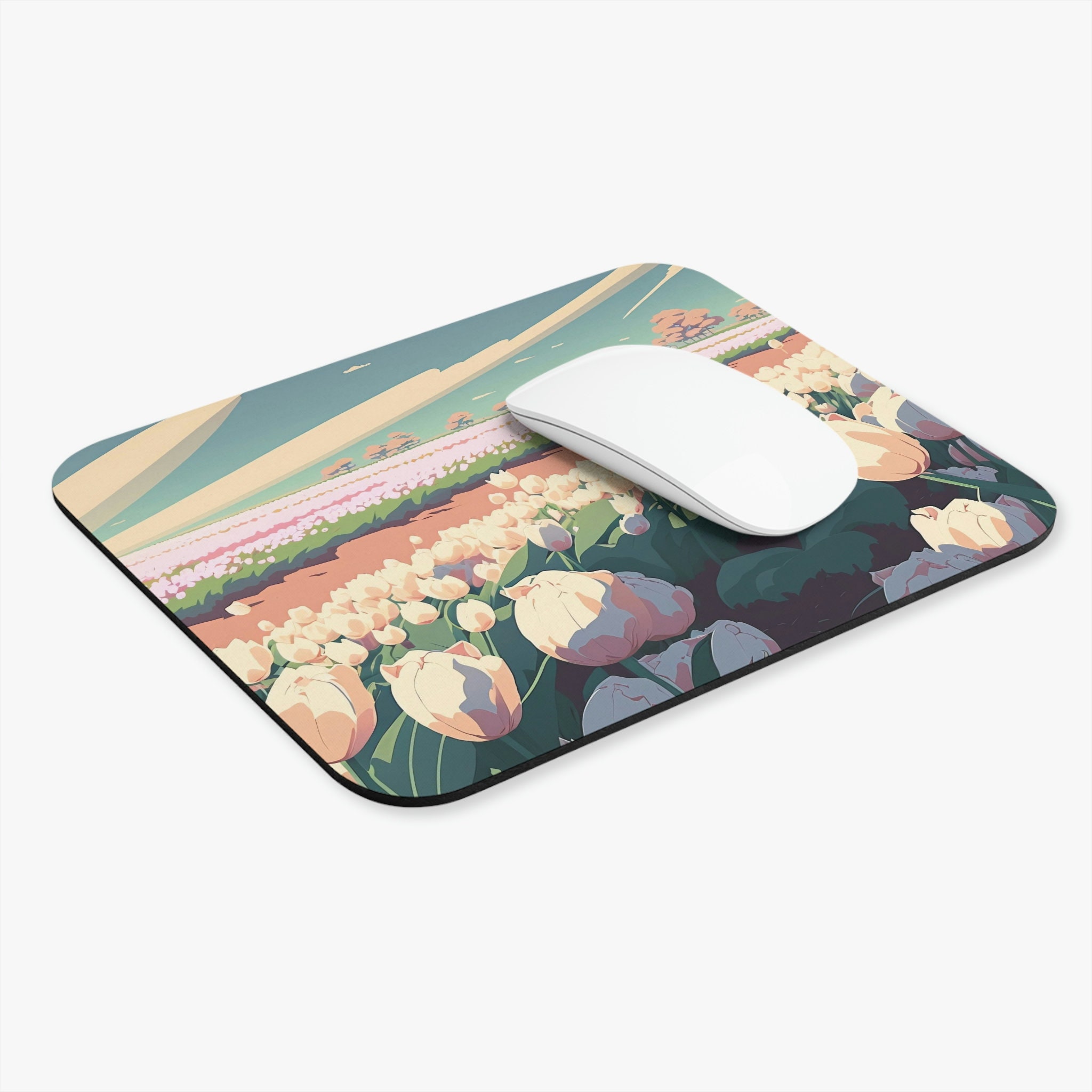 Pastel Tulip Field Mouse Pad, Kawaii Cute Flower Mouse Pad, Pink Purple ...