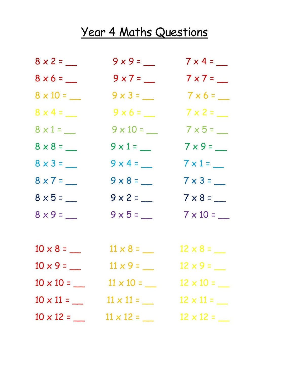 Times Tables Exercises Year 4 - Etsy
