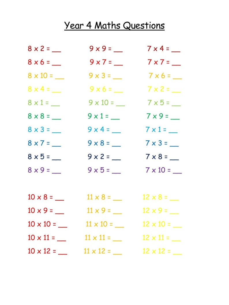 Times Tables Exercises Year 4 - Etsy