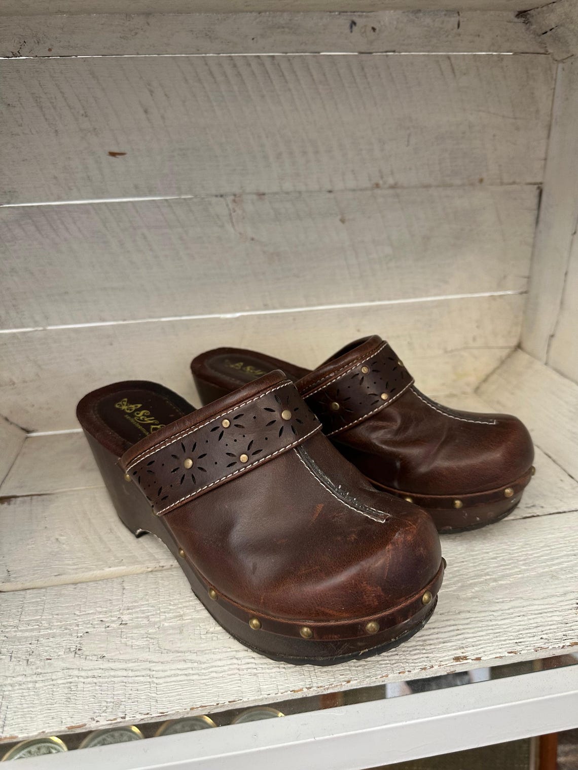 Vintage Y2K Studded Brown Leather + Wood Clogs | Size Women’s 6 - Etsy