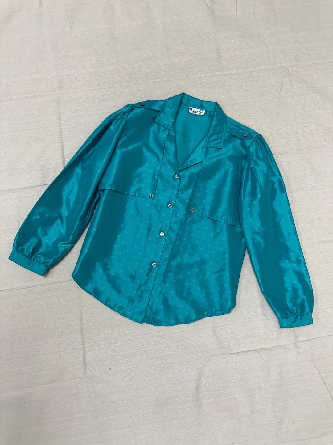 Vintage 80s Shiny Teal Button up Shirt | Size Medium - Etsy
