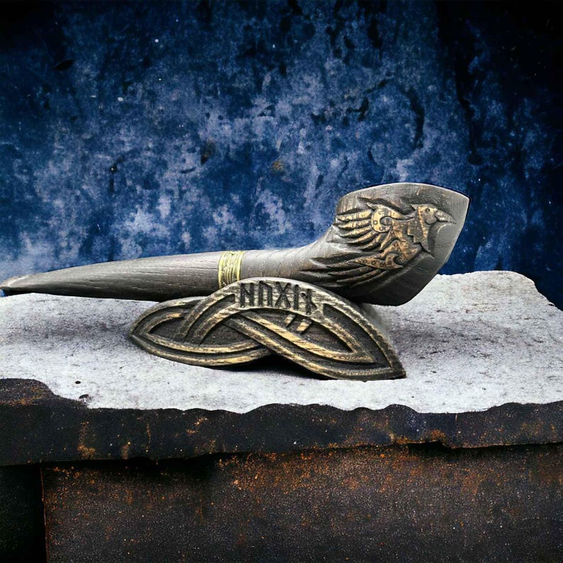 Wooden Smoking Pipe With Brass and Garnet | Viking Raven Pipe ...