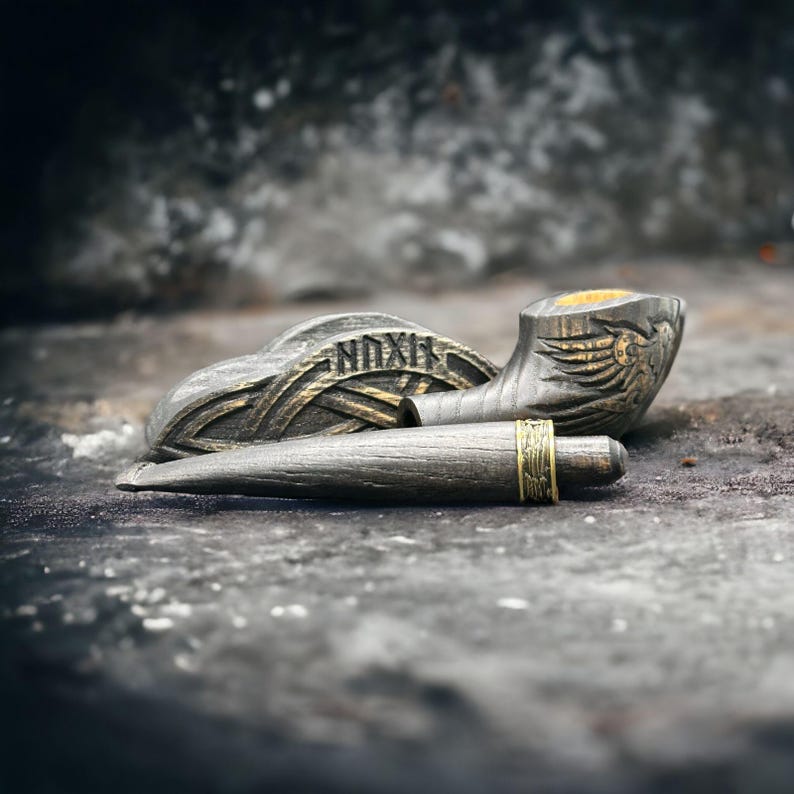 Wooden Smoking Pipe With Brass and Garnet | Viking Raven Pipe ...