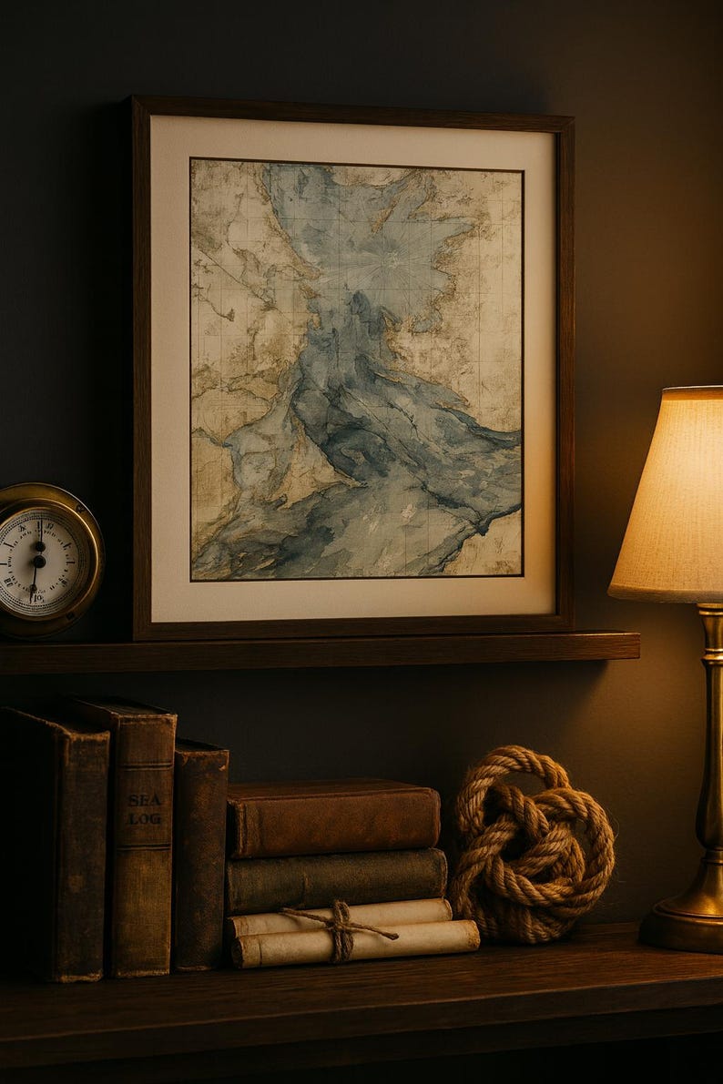 Watercolor Nautical Chart Print, Vintage Coastal Map Art, Blue & Tan ...