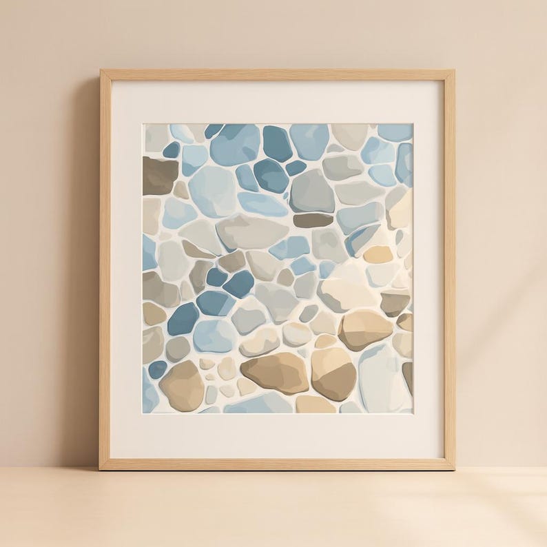 Coastal Pebble Wall Art Print, Blue & Sand Stone Pattern, Beach House ...