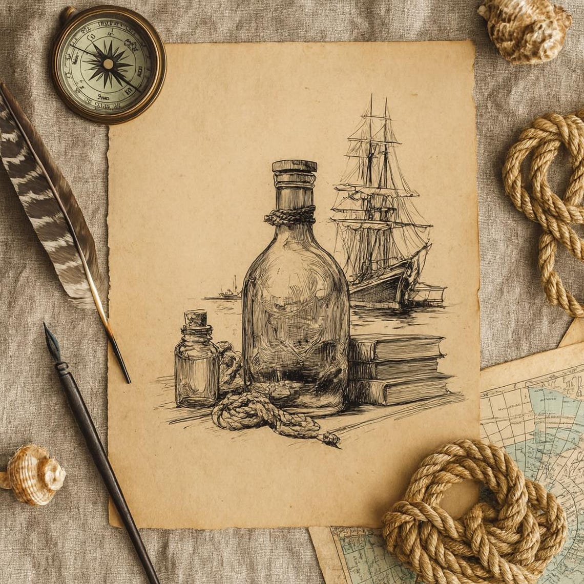 Vintage Nautical Sketch Art: Ship & Bottle Ink Drawing (digital ...