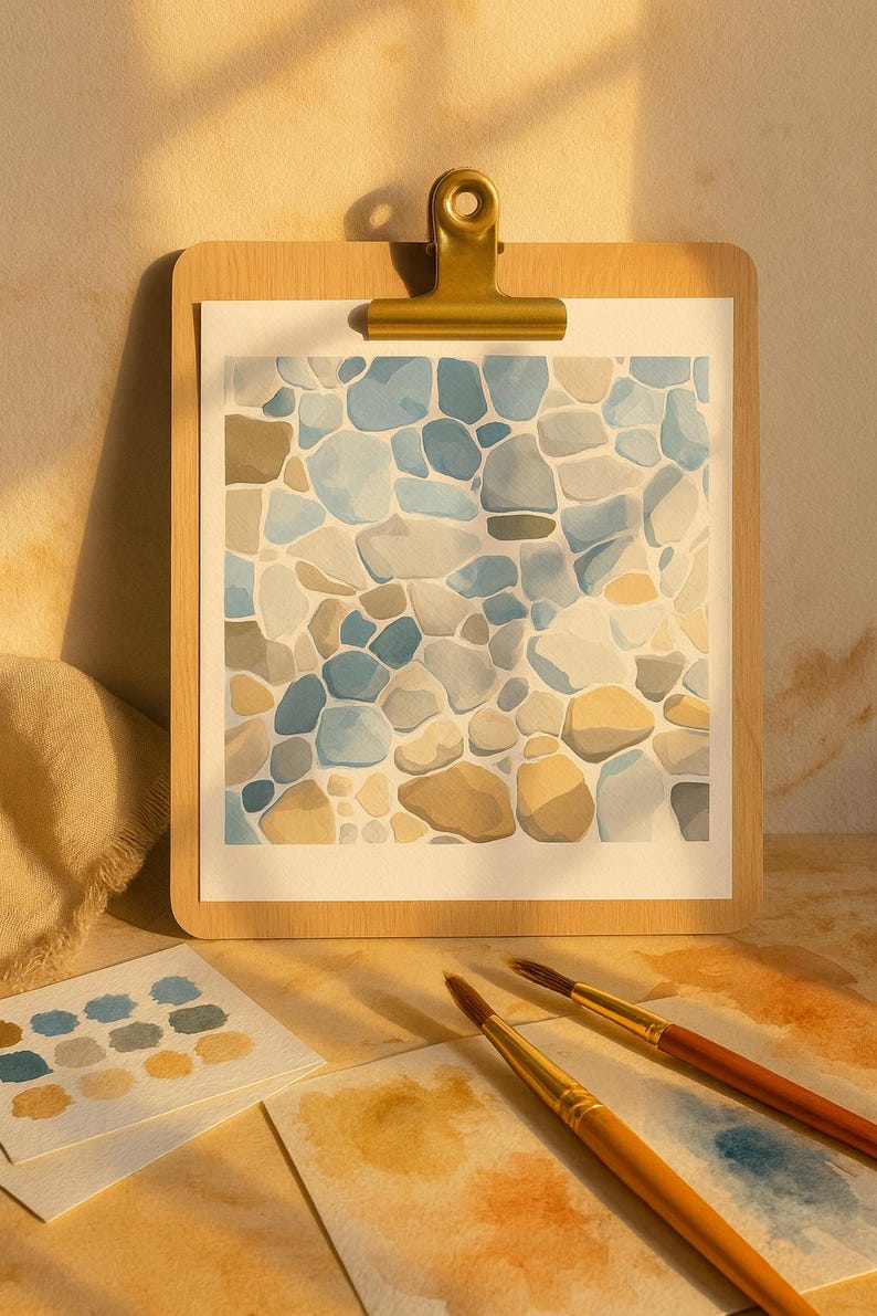 Coastal Pebble Wall Art Print, Blue & Sand Stone Pattern, Beach House ...