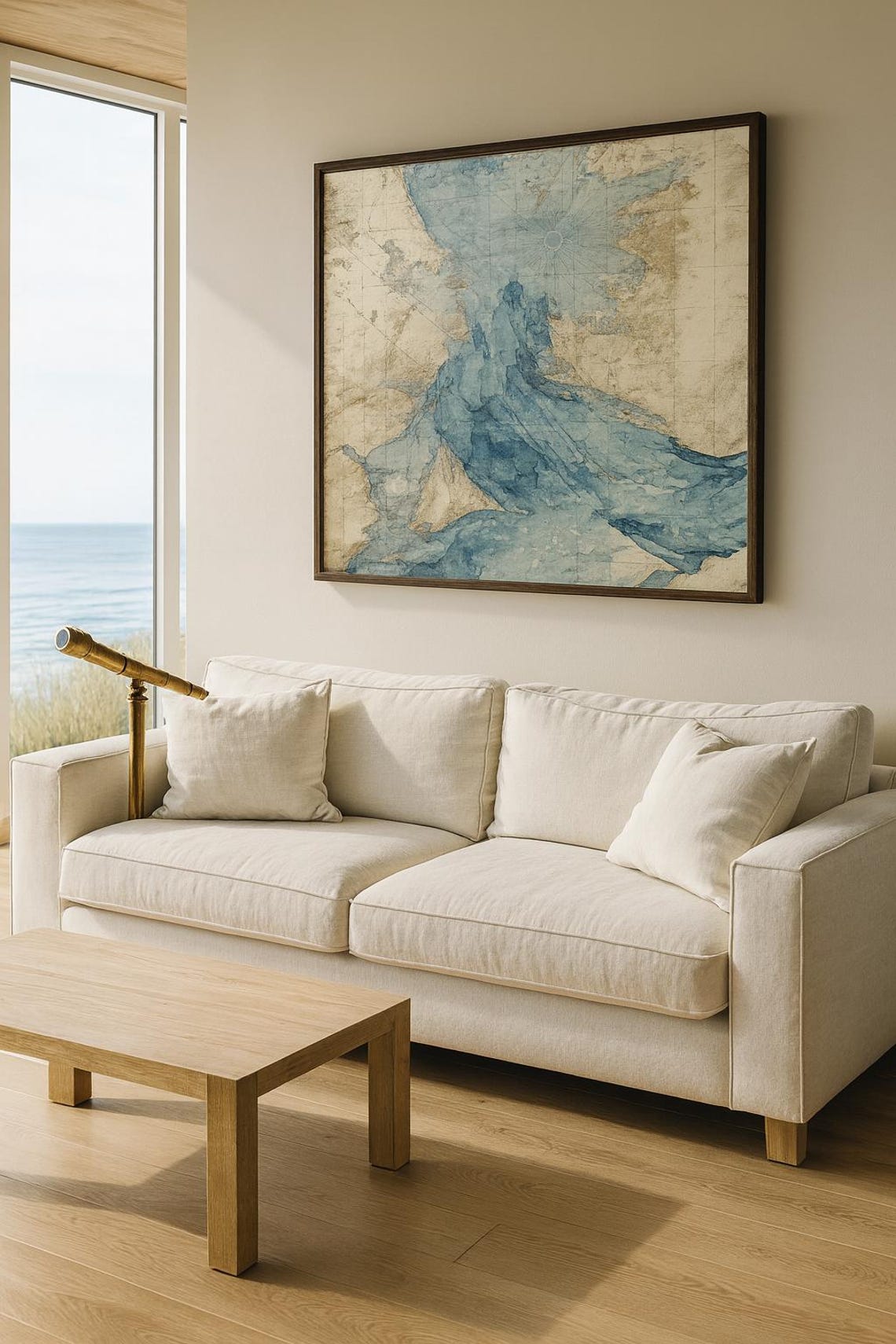 Watercolor Nautical Chart Print, Vintage Coastal Map Art, Blue & Tan ...