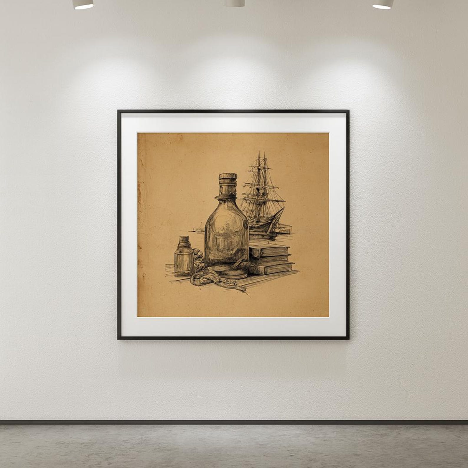 Vintage Nautical Sketch Art: Ship & Bottle Ink Drawing (digital ...