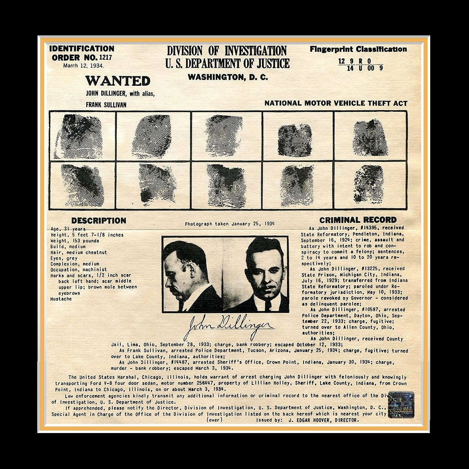 John Dillinger Wanted Poster Limited Signature Edition Mini - Etsy Canada