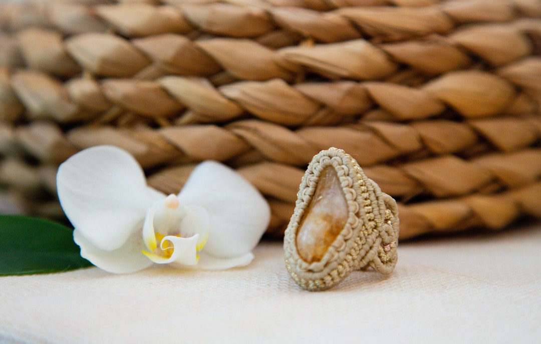 Micro Macrame Large Beige Ring With Natal Yellow Sitrine, Gift for Her ...
