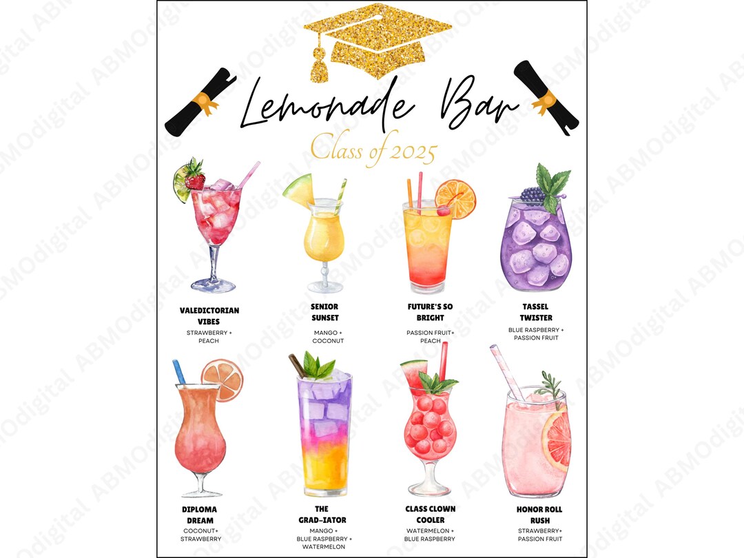 Graduation Party Lemonade Bar Menu PNG, Printable Lemonade Bar Sign ...