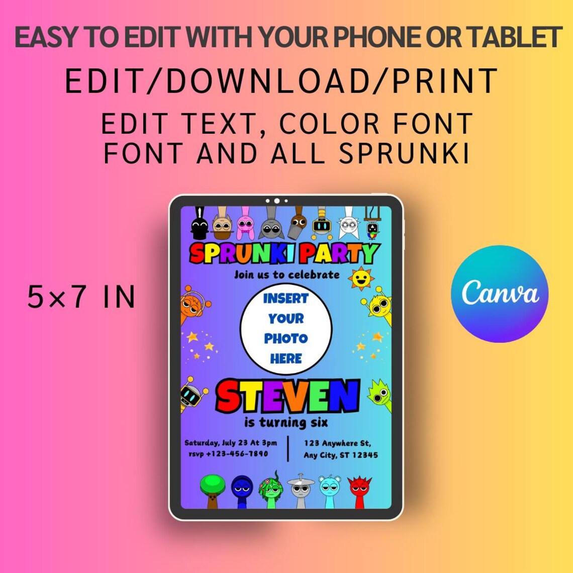 Sprunki Birthday Party Invite, Sprunki Party Invitation Template, Girl ...