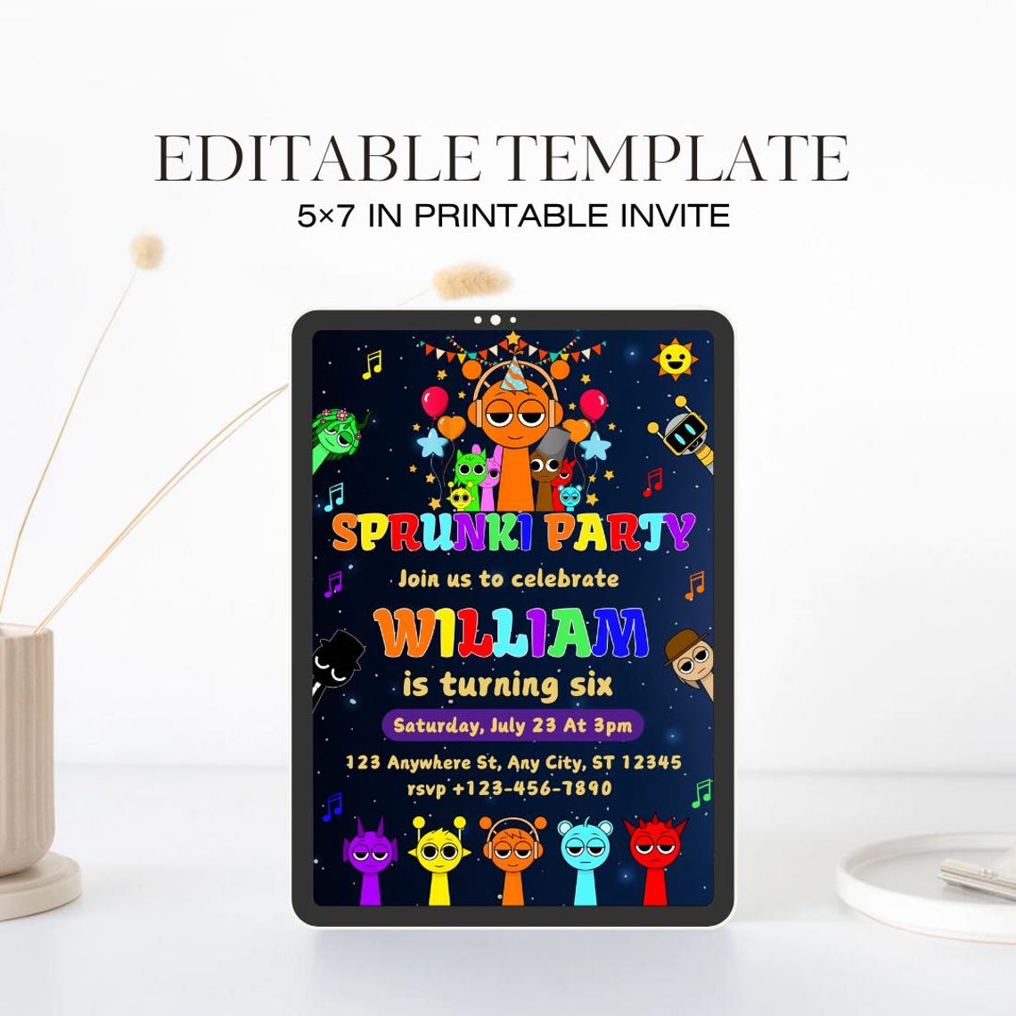 Sprunki Birthday Party Invite, Sprunki Party Invitation Template, Girl ...