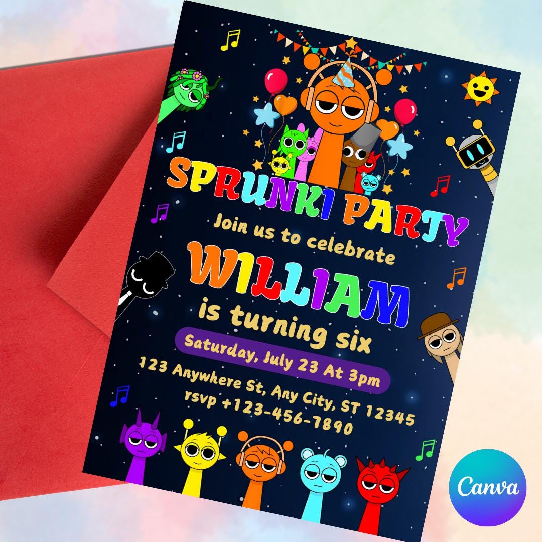 Sprunki Birthday Party Invite, Sprunki Party Invitation Template, Girl ...