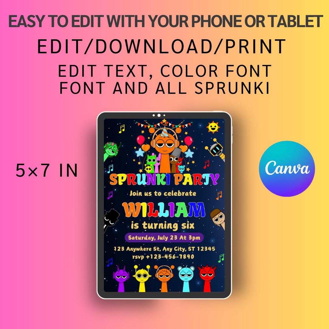 Sprunki Birthday Party Invite, Sprunki Party Invitation Template, Girl ...