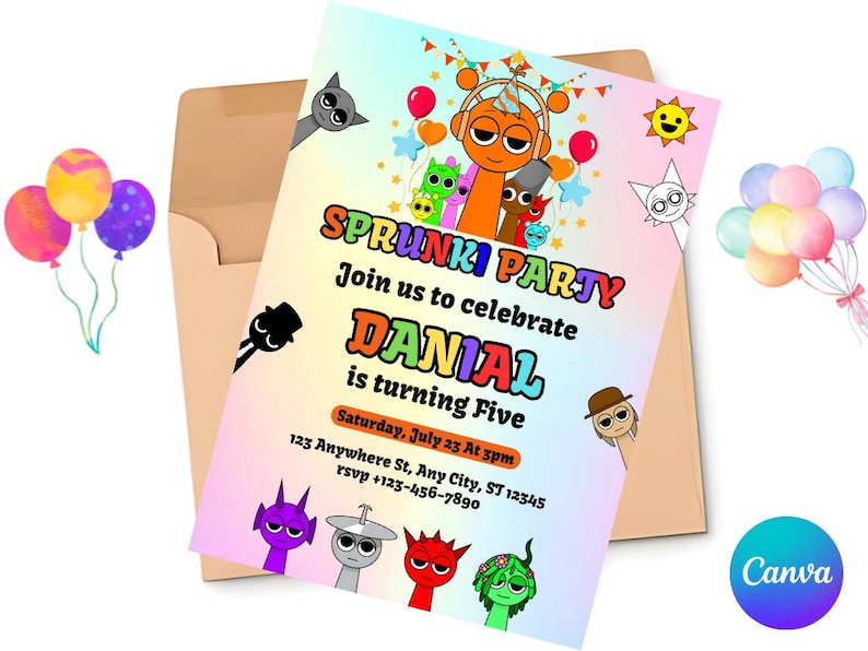 Sprunki Birthday Party Invite, Sprunki Party Invitation Template, Girl ...