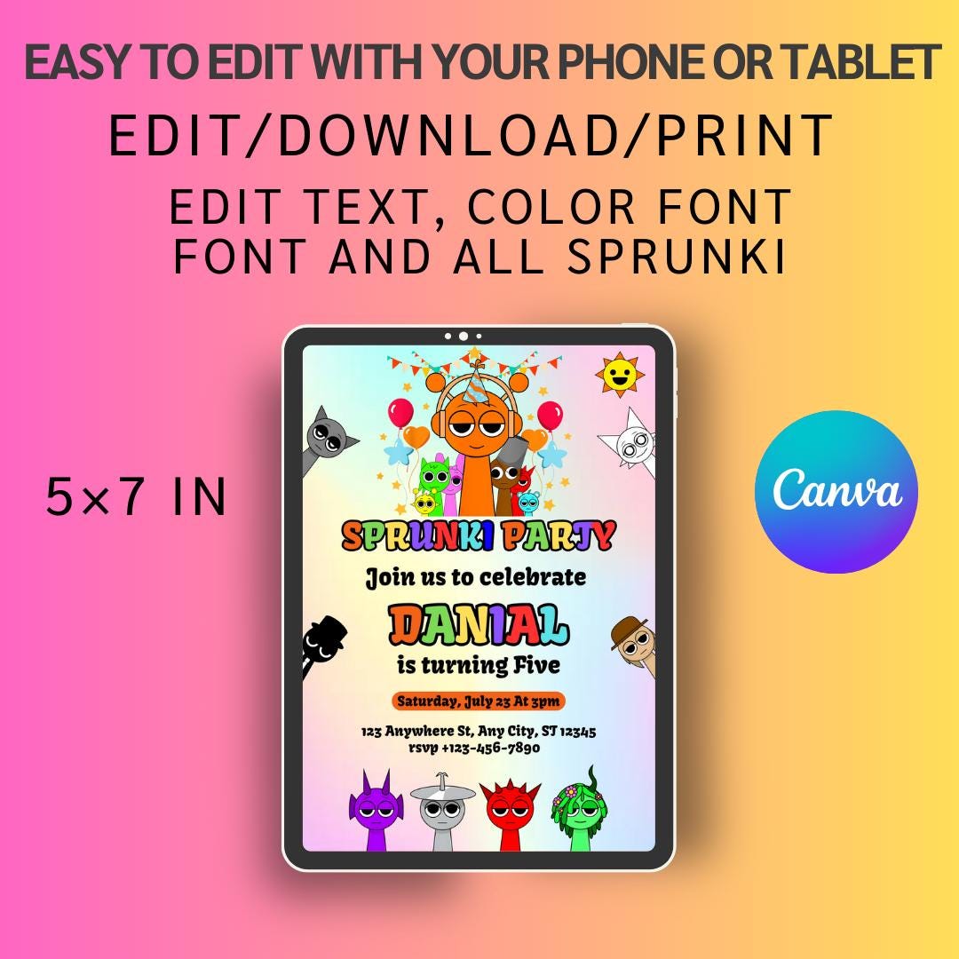 Sprunki Birthday Party Invite, Sprunki Party Invitation Template, Girl ...