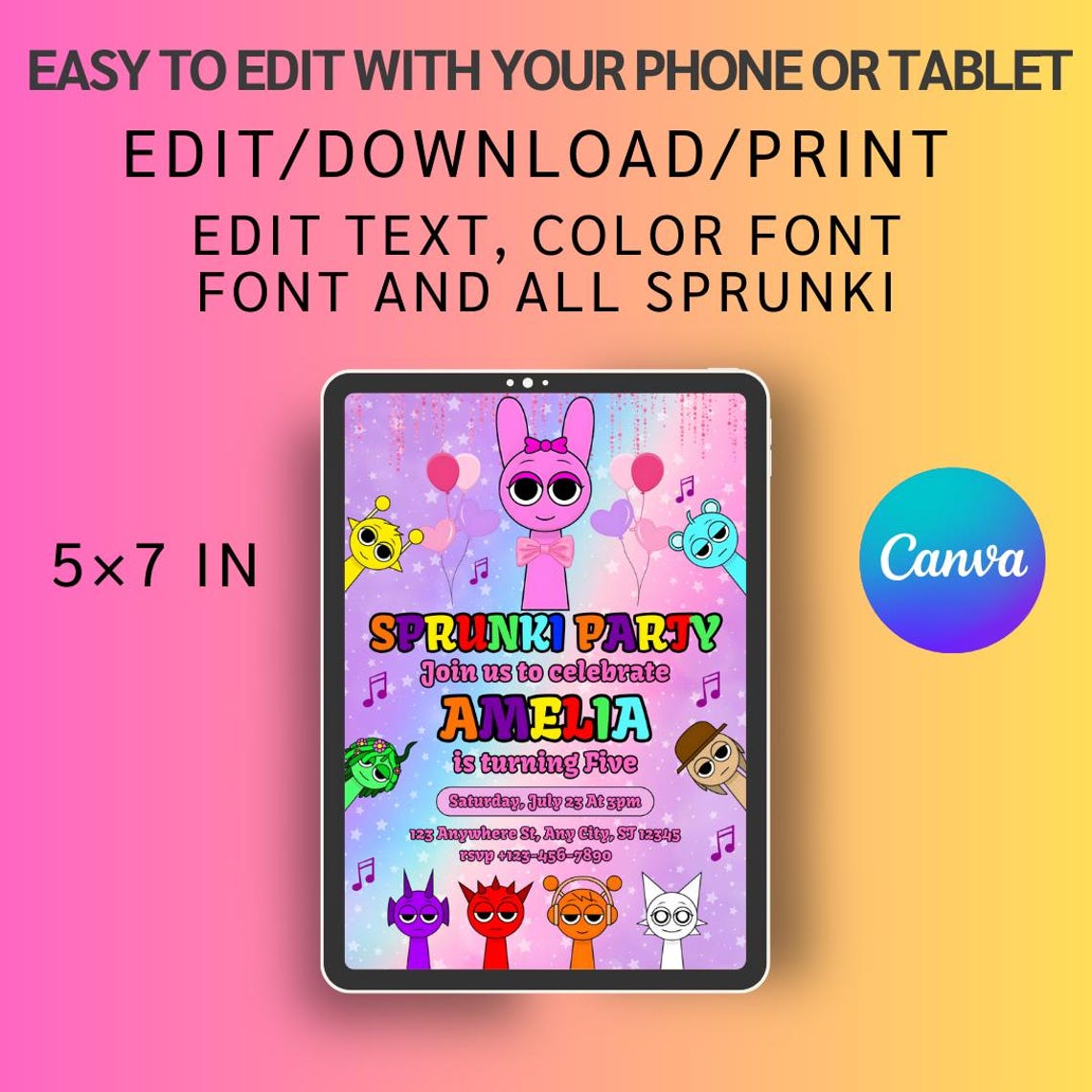 Sprunki Birthday Party Invite Girls, Sprunki Party Invitation Template ...