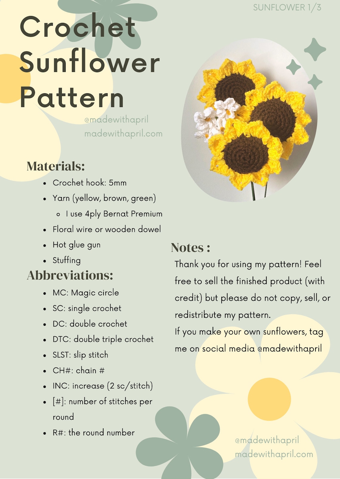 Sunflower Crochet Flower Pattern Instructions - Etsy
