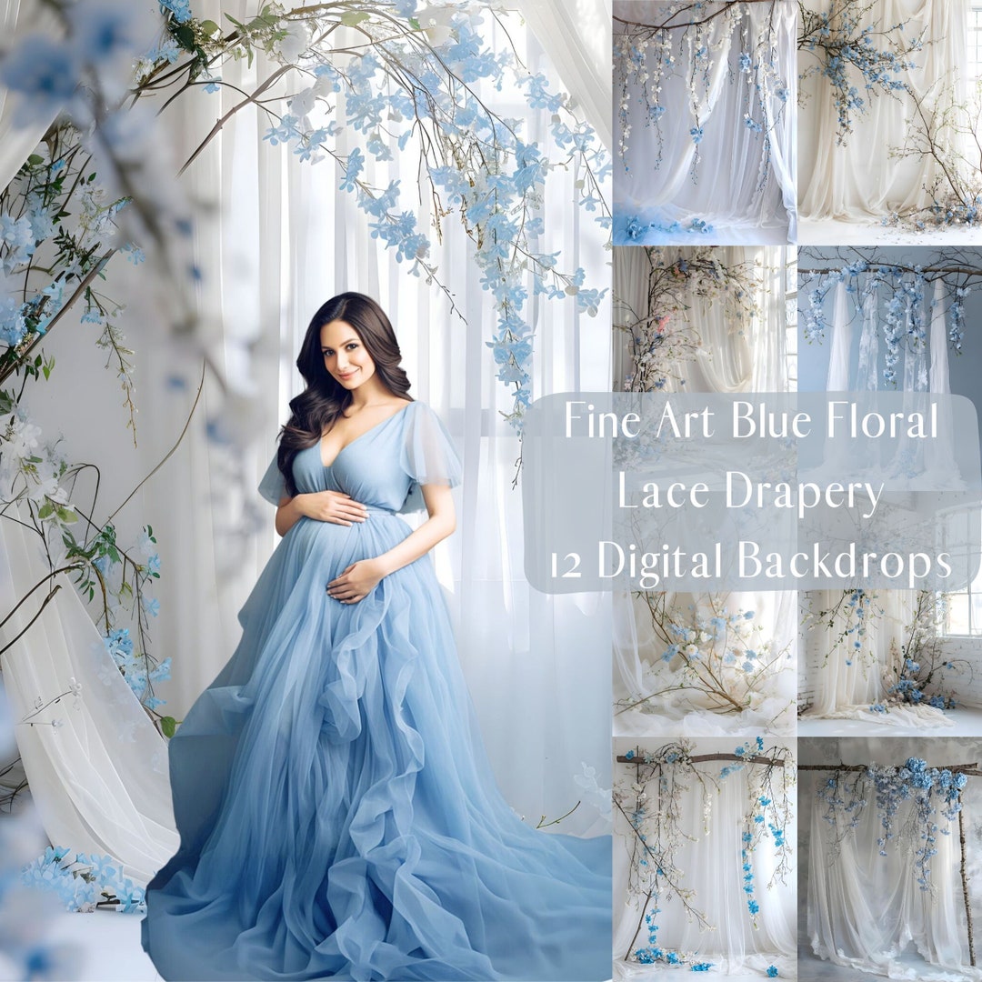 Fine Art Blue Floral Lace Drapery Digital Backdrops, Photoshop Overlays ...