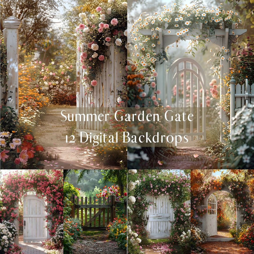 Summer Garden Gate Digital Backdrops, Landscape Background, Flower Path ...