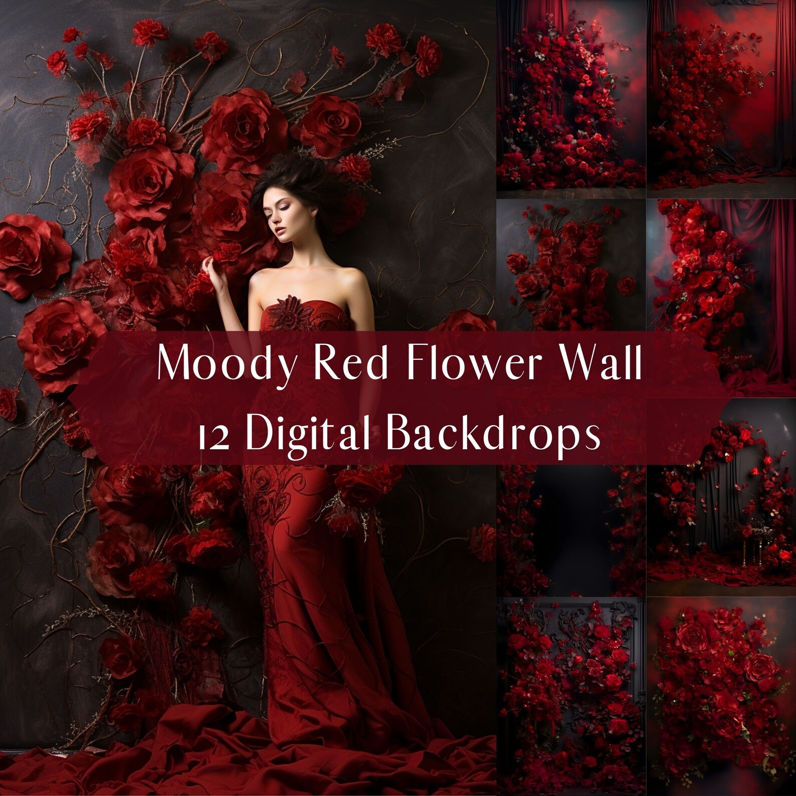 Moody Red Flower Wall Digital Backdrops,gothic Romantic,photoshop ...