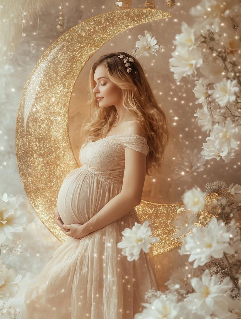 Romantic White Floral Moon Digital Backdrops, Maternity Wedding ...