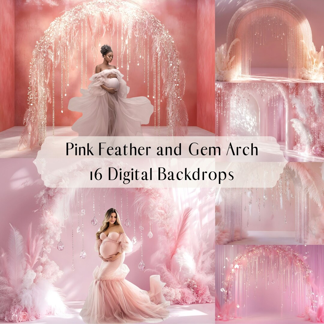 Pink Feather Gem Arch Digital Backdrops, Maternity Portrait Backgrounds ...