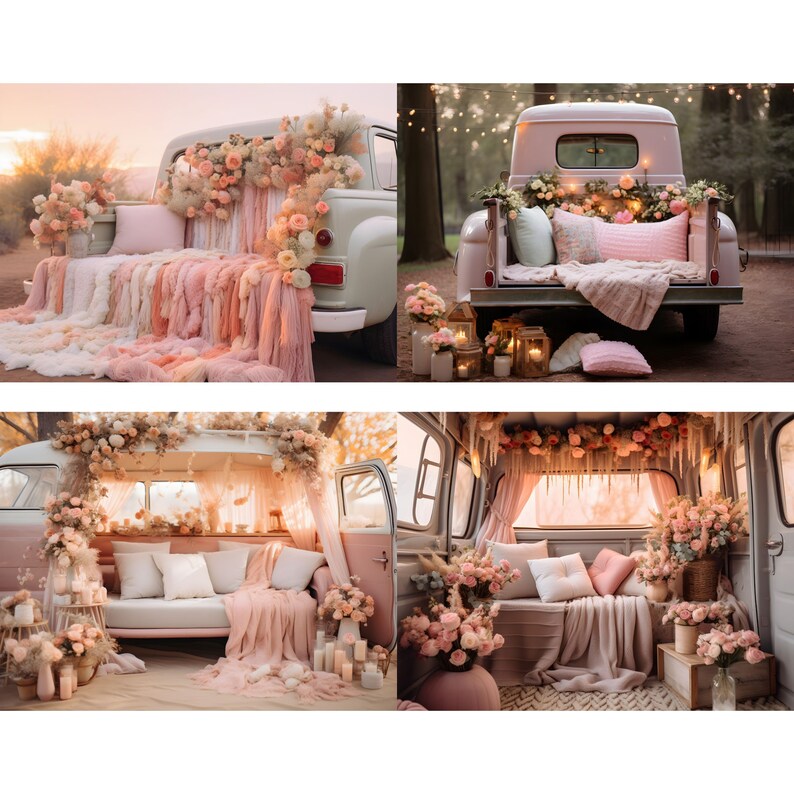 Romantic Pink Pickup Truck Digital Backdrops, Wedding Family Maternity ...