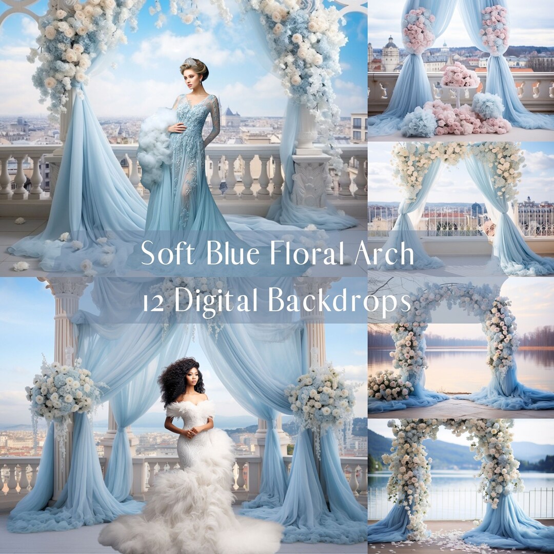 Romantic Blue Bliss Floral Arch Digital Backdrops, Photoshop Overlays ...