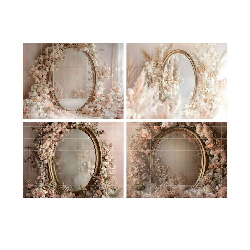 Pink Floral Mirror Frame Digital Backdrops, Romantic White Rooms ...