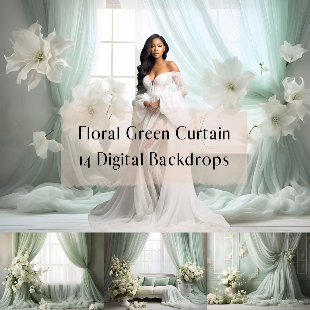 Fine Art Floral Soft Green Curtain Digital Backdrop, Romantic Room ...