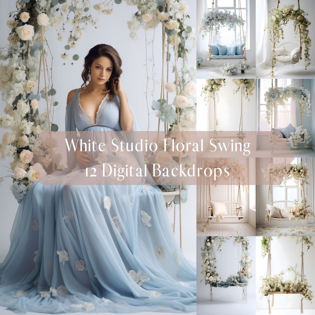White Studio Floral Swing Digital Backdrops, Maternity Portrait Digital Overlays, Studio ...