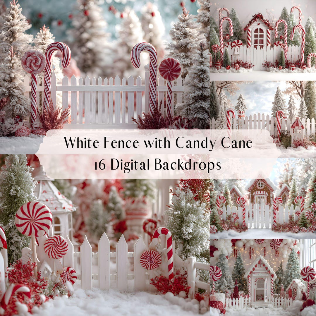 Winter White Fence With Candy Cane Digital Backdrops, Studio Backdrops ...