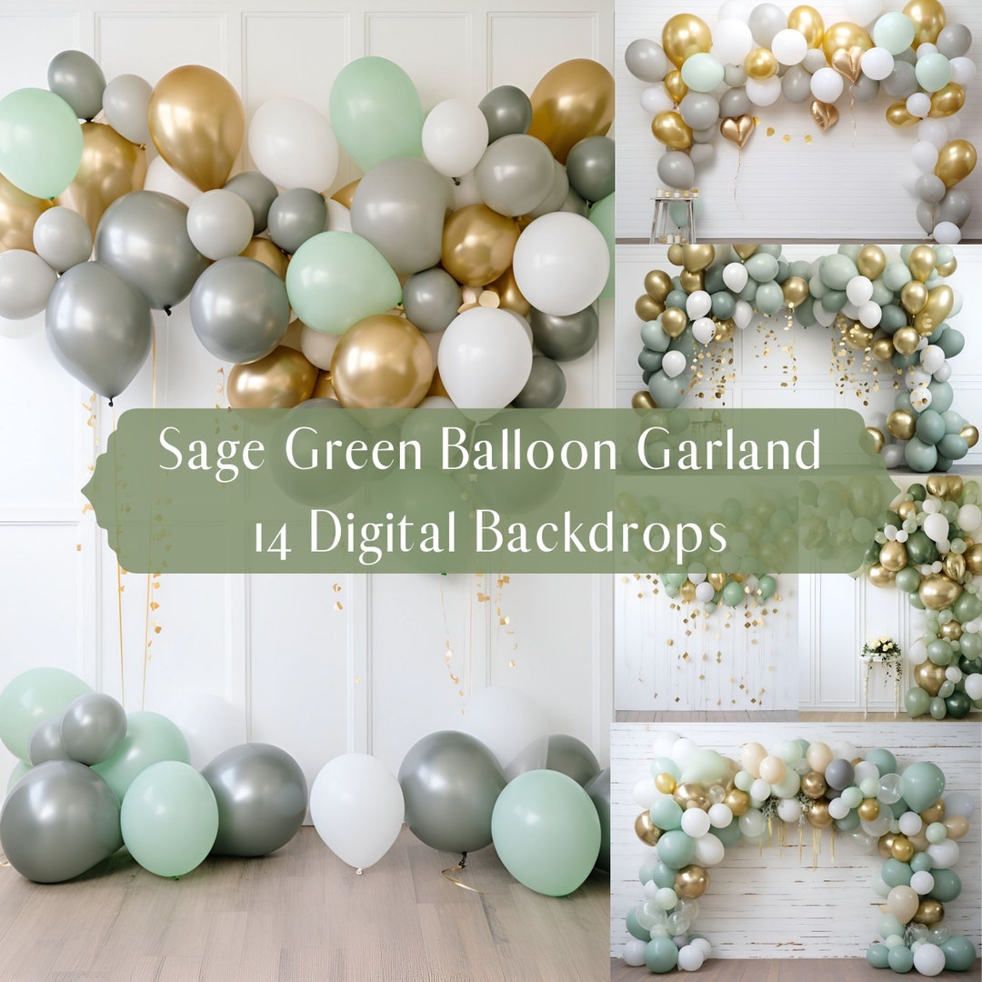 Sage Green Gold Balloon Garland Digital Backdrops, Family Kids ...