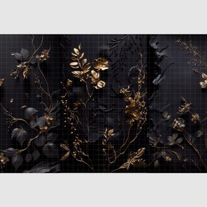 12 Black and Gold Floral Wall Digital Backdrop Overlays, Skinny Canvas ...