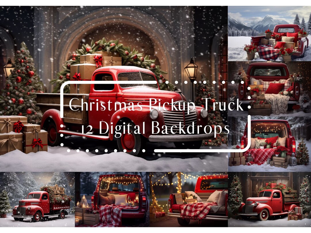Christmas Pickup Truck Digital Backdrops, Outdoor Backdrops Holiday Winter, Photoshop Overlays ...