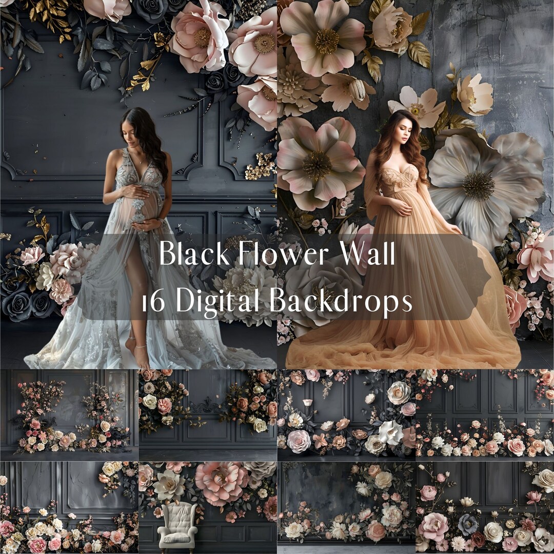 Black Flower Wall Digital Backdrops, Maternity Family Wedding Backdrop ...