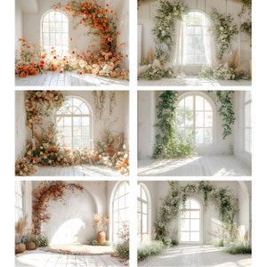 Romantic Spring Floral Arch Window Digital Backdrops, White Room ...