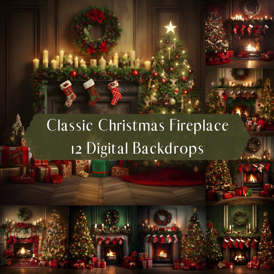 Classic Christmas Fireplace Digital Backdrops Bundle, Composite ...