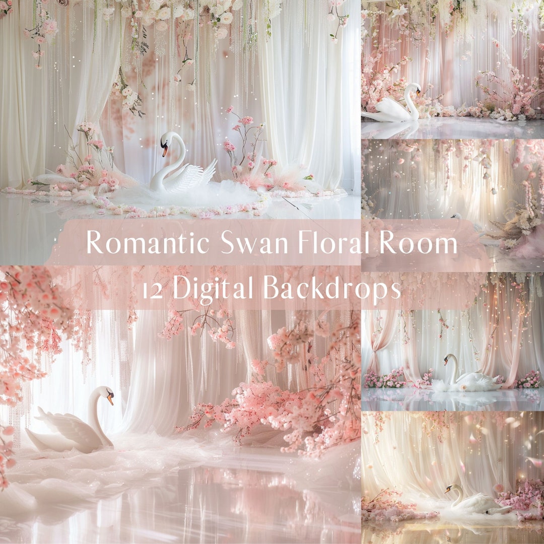 Romantic Swan Floral Room Digital Backdrops, Maternity Wedding Portrait ...