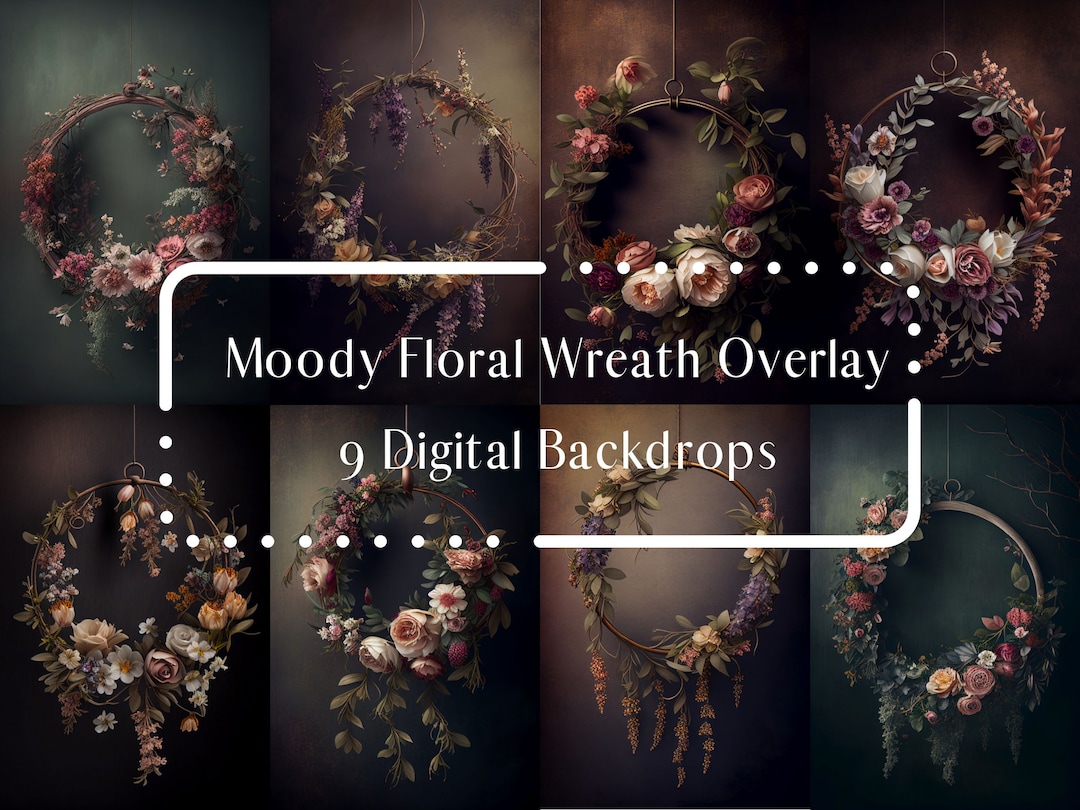 9 Moody Floral Wreath Fine Art Digital Backdrops, Photoshop Texture ...