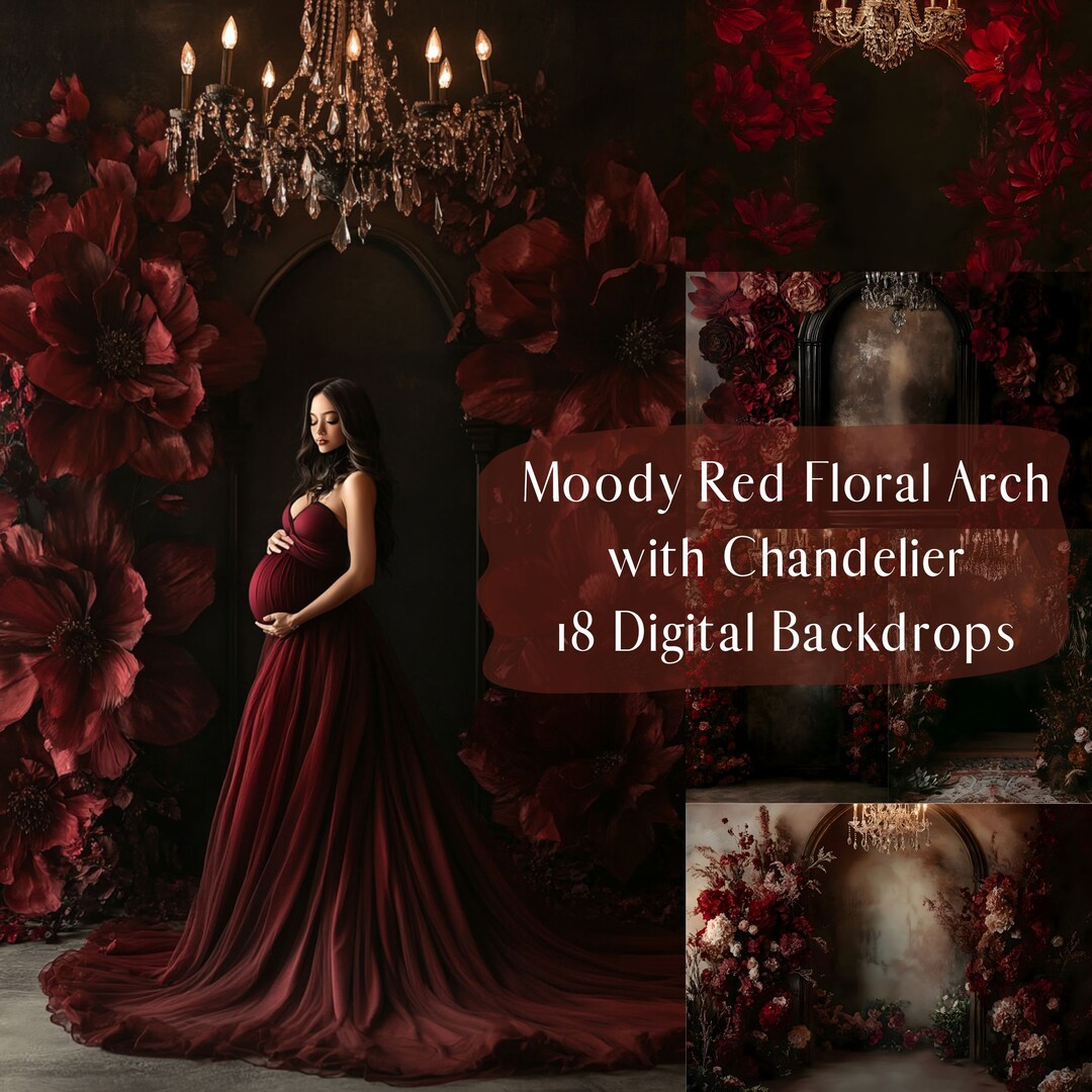 Moody Red Floral Arch Chandelier Digital Backdrops, Gothic Romantic ...