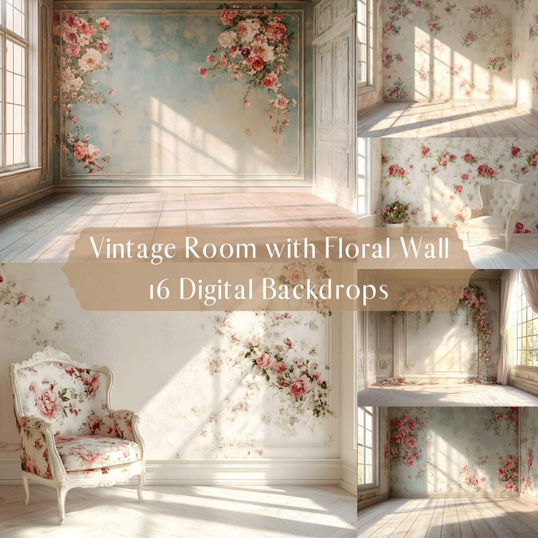 Vintage Room With Floral Wall Digital Backdrops, Maternity Engagement ...