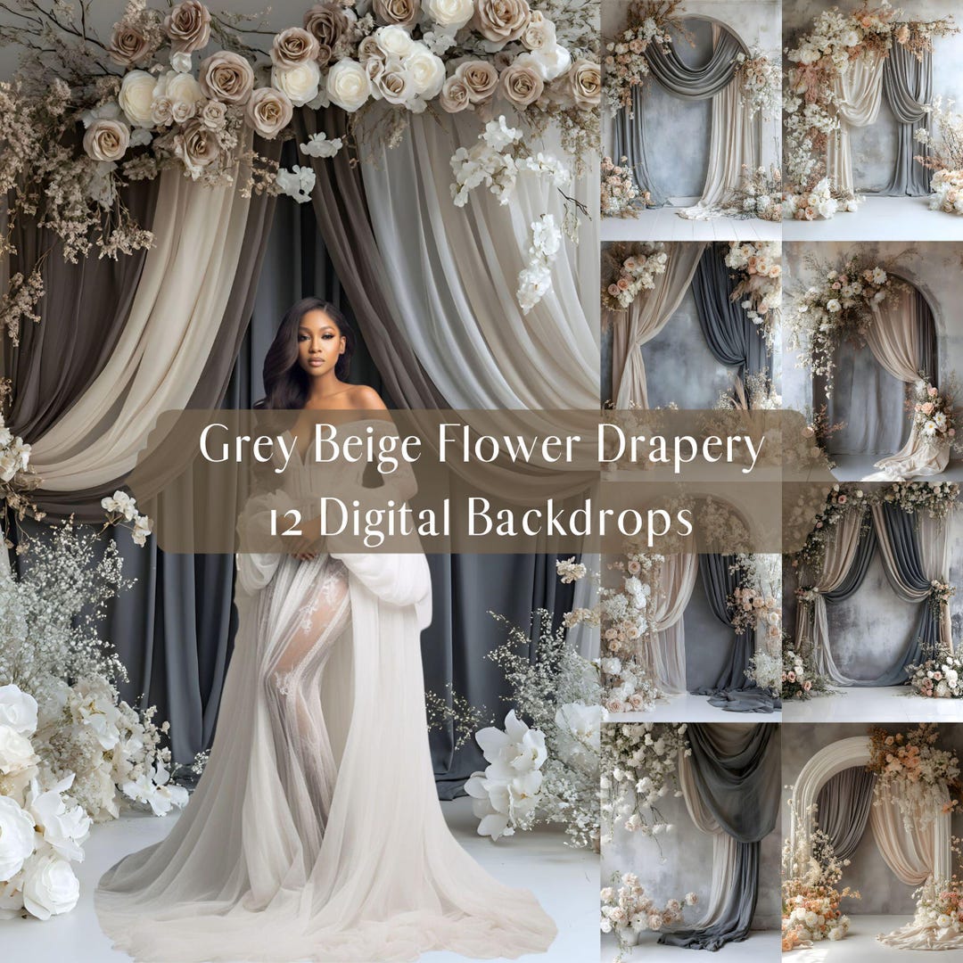 Grey Beige Floral Drapery Digital Backdrops, Maternity Wedding Portrait ...