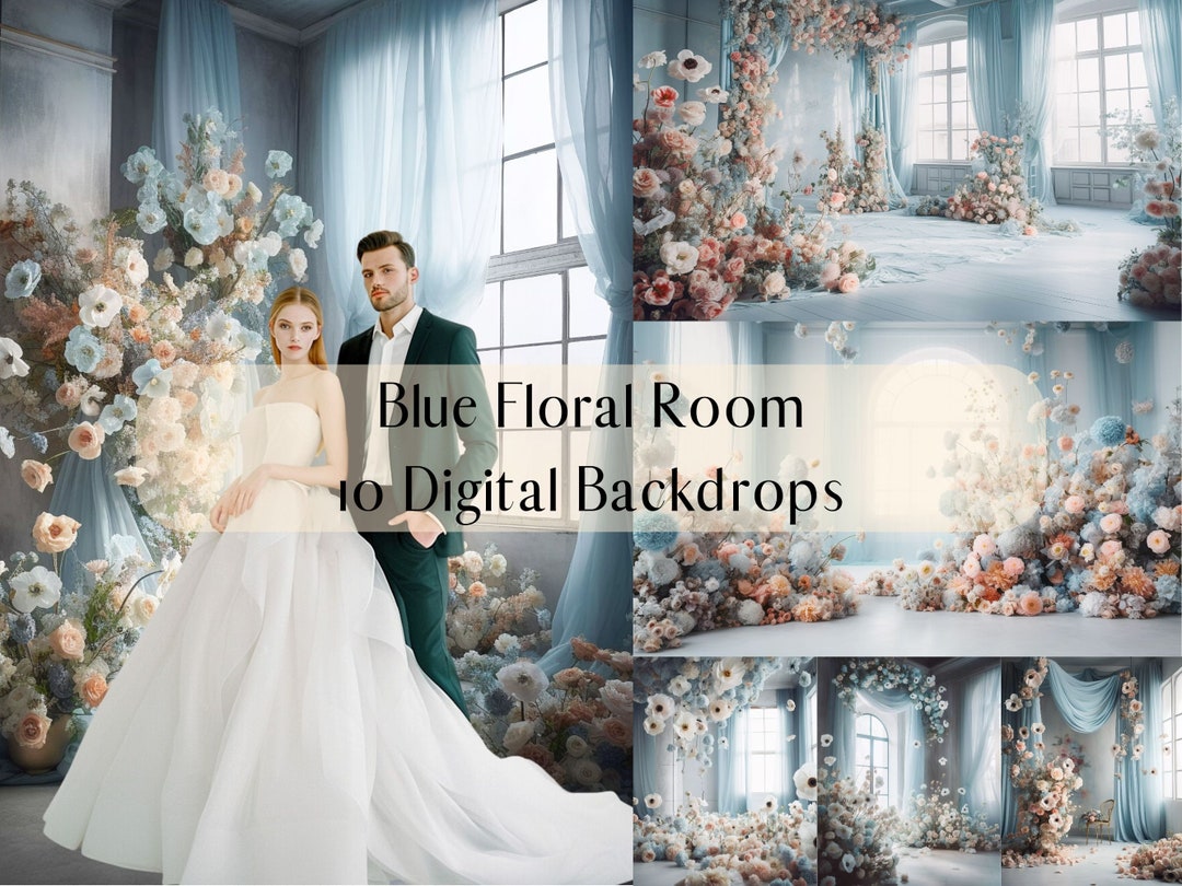 10 Blue Floral Room Digital Backdrops, Maternity Family Wedding Digital ...