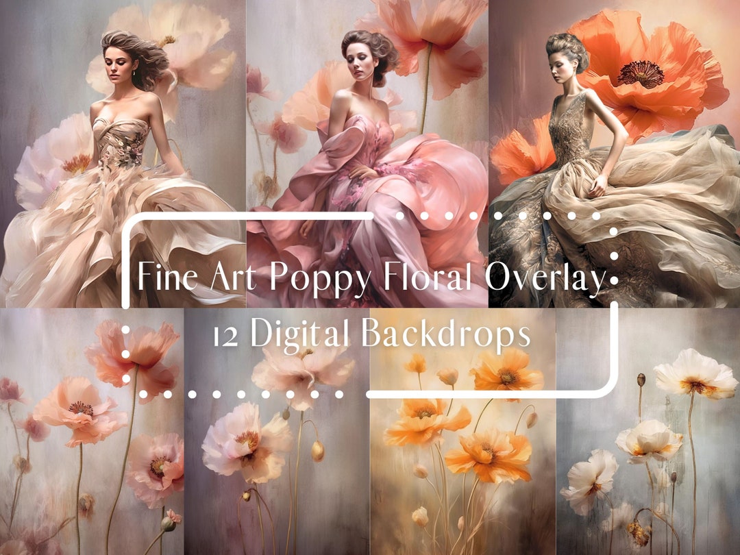 12 Poppy Floral Fine Art Digital Backdrops, Photoshop Texture Overlays ...