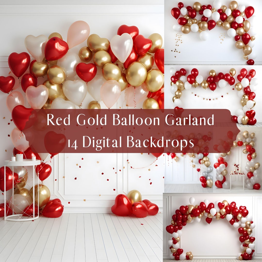 Red Gold Balloon Garland Digital Backdrops, Family Kids Maternity ...